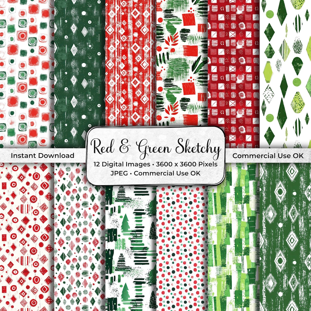 Red & Green Sketchy Patterns: Seamless Digital Paper (JPEG, Commercial ...