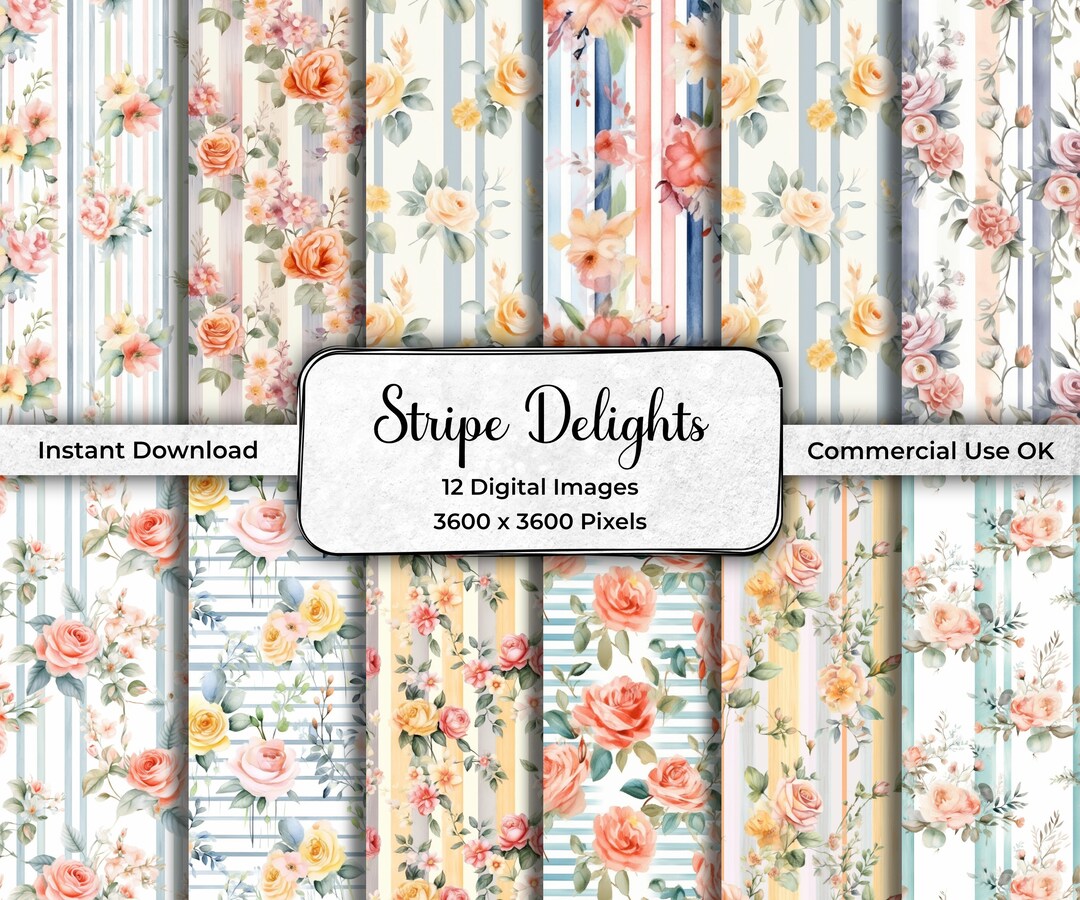 Vintage Floral Wallpaper Stripe Digital Paper, Blue and Pink Stripes ...