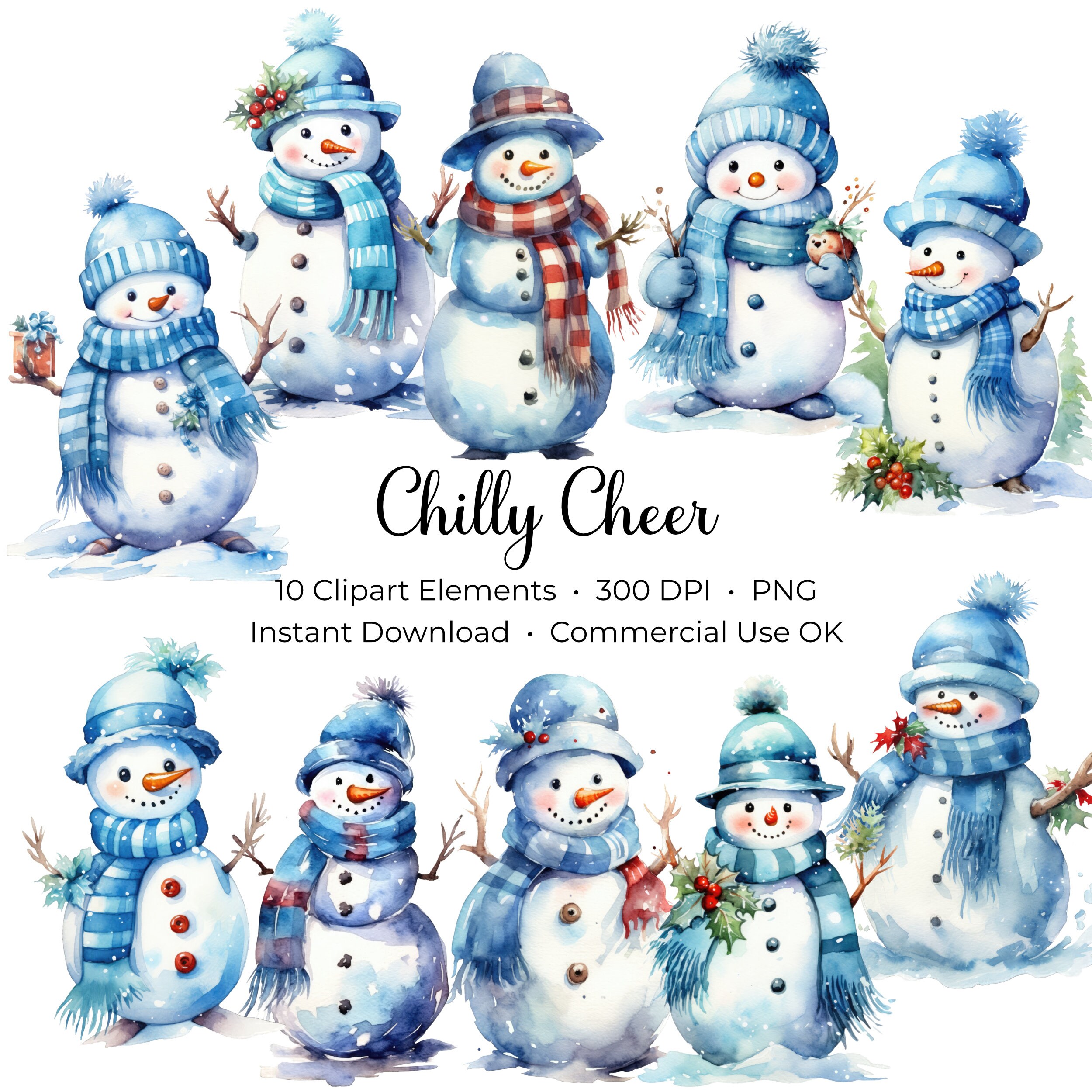 Watercolor Blue Snowman Clipart, Cute Watercolor Snowmen, Winter ...