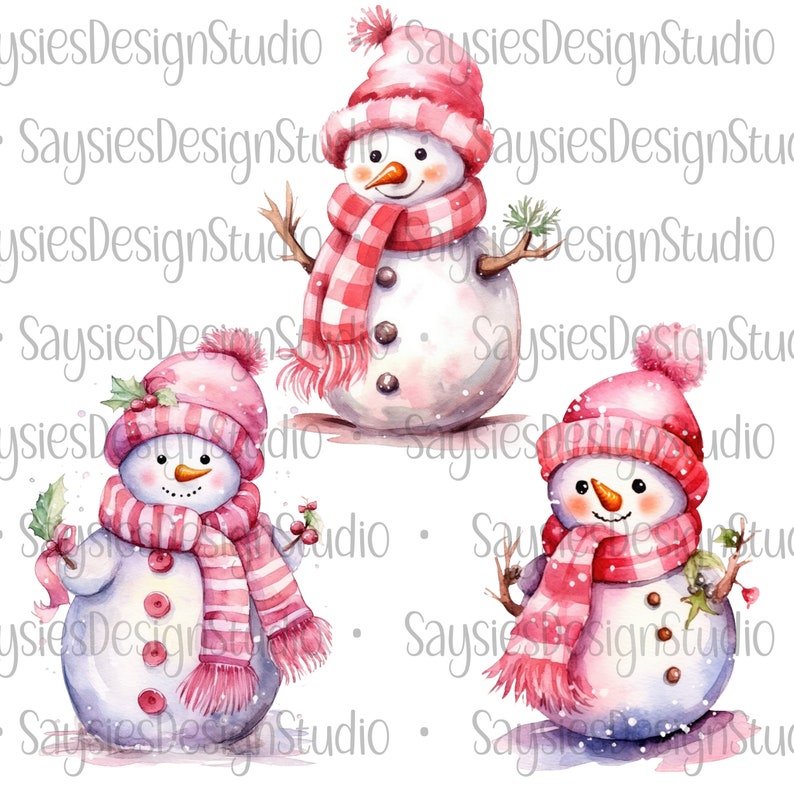 Watercolor Pink Snowman Clipart: Winter Holiday PNG (commercial Use ...