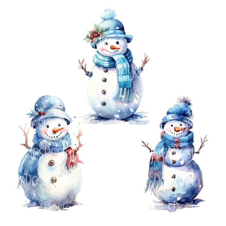 Watercolor Blue Snowman Clipart, Cute Watercolor Snowmen, Winter ...