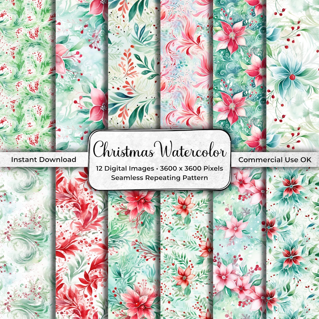 Watercolor Christmas Seamless Paper Pack, Repeating Patterns, Instant ...
