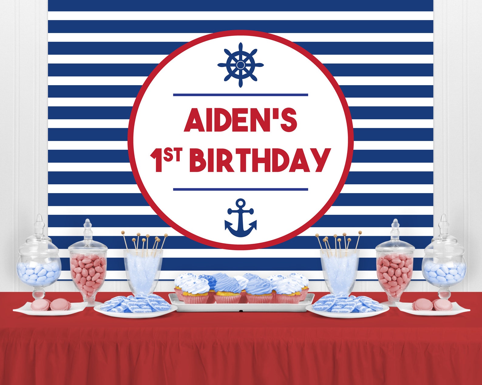 NAUTICAL Personalized Party Backdrop - Maritime First Birthday Party ...