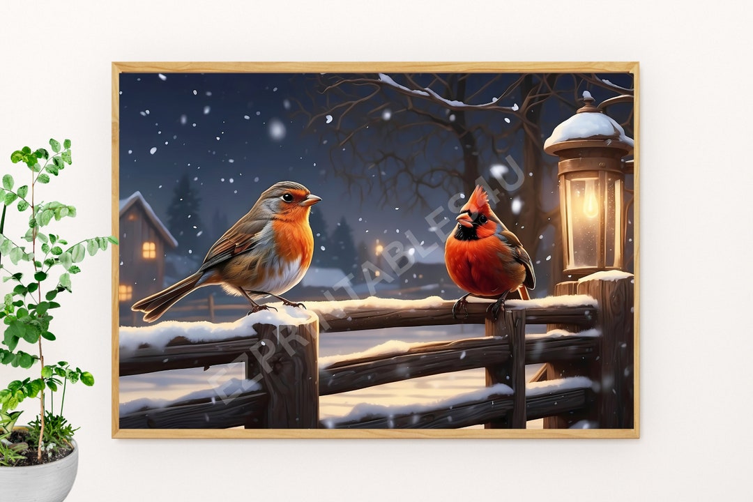 Winter Scene Cardinal & Robin Landscape Wall Prints, Set of Two ...