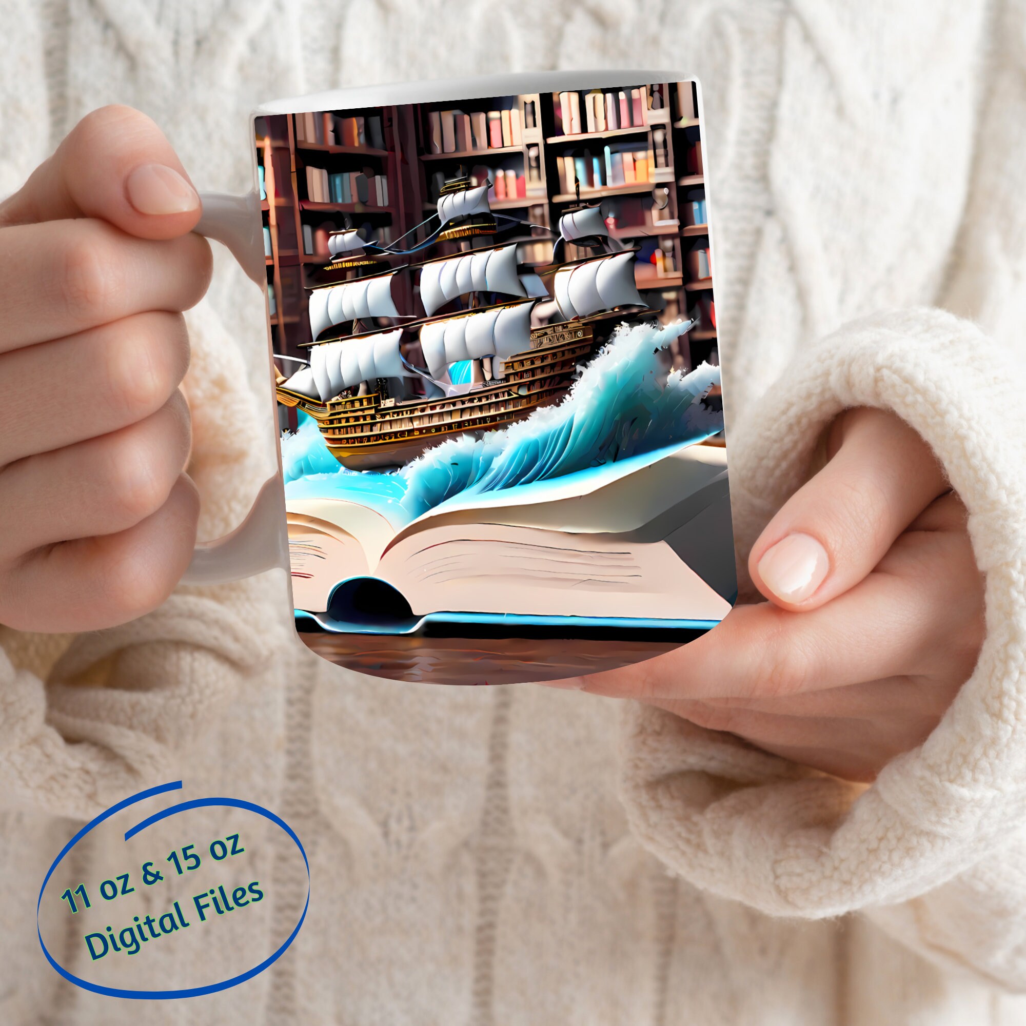 Bookcase Ship Battling Waves Inside a Book Design 11 Oz & 15 - Etsy