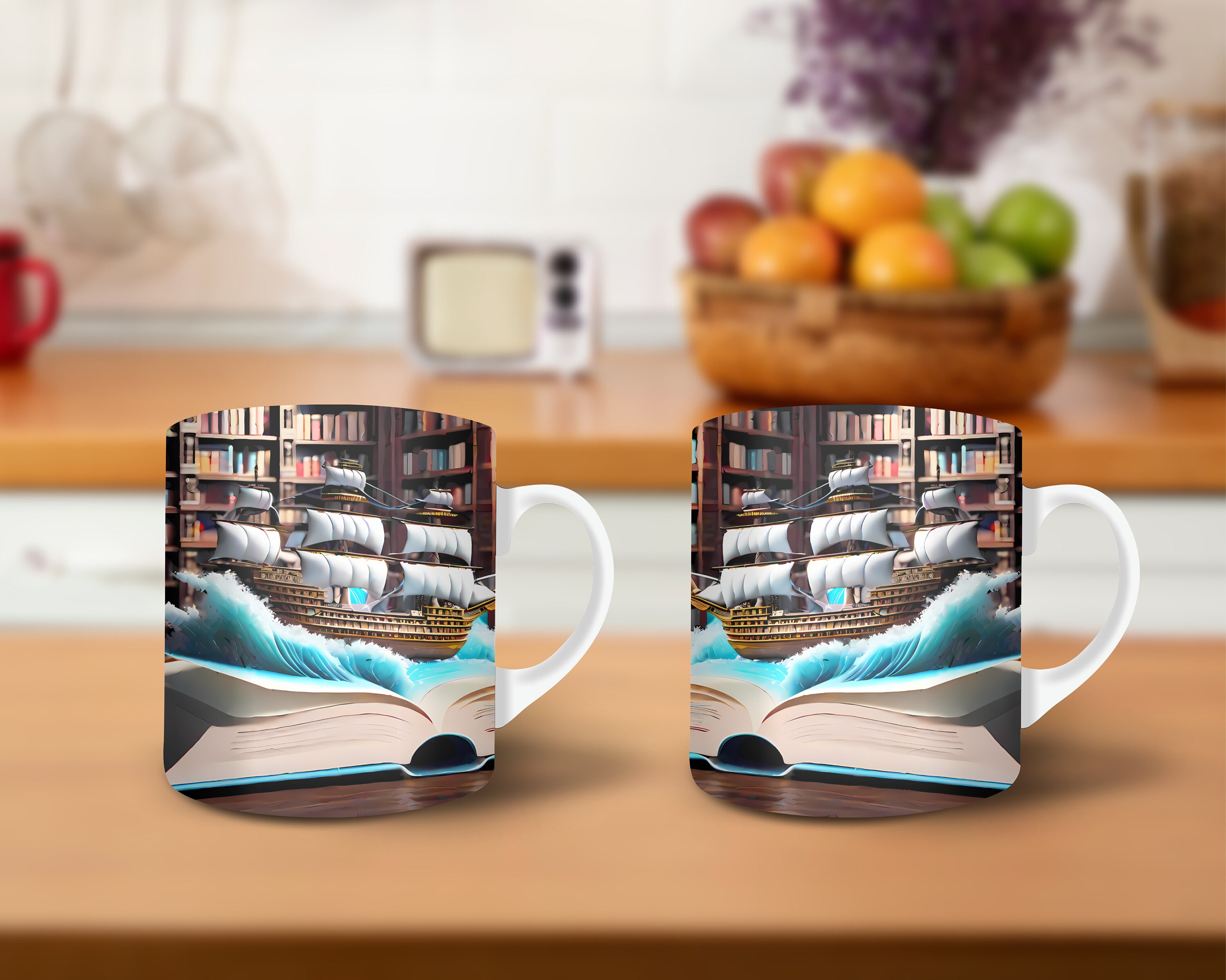 Bookcase Ship Battling Waves Inside a Book Design 11 Oz & 15 - Etsy