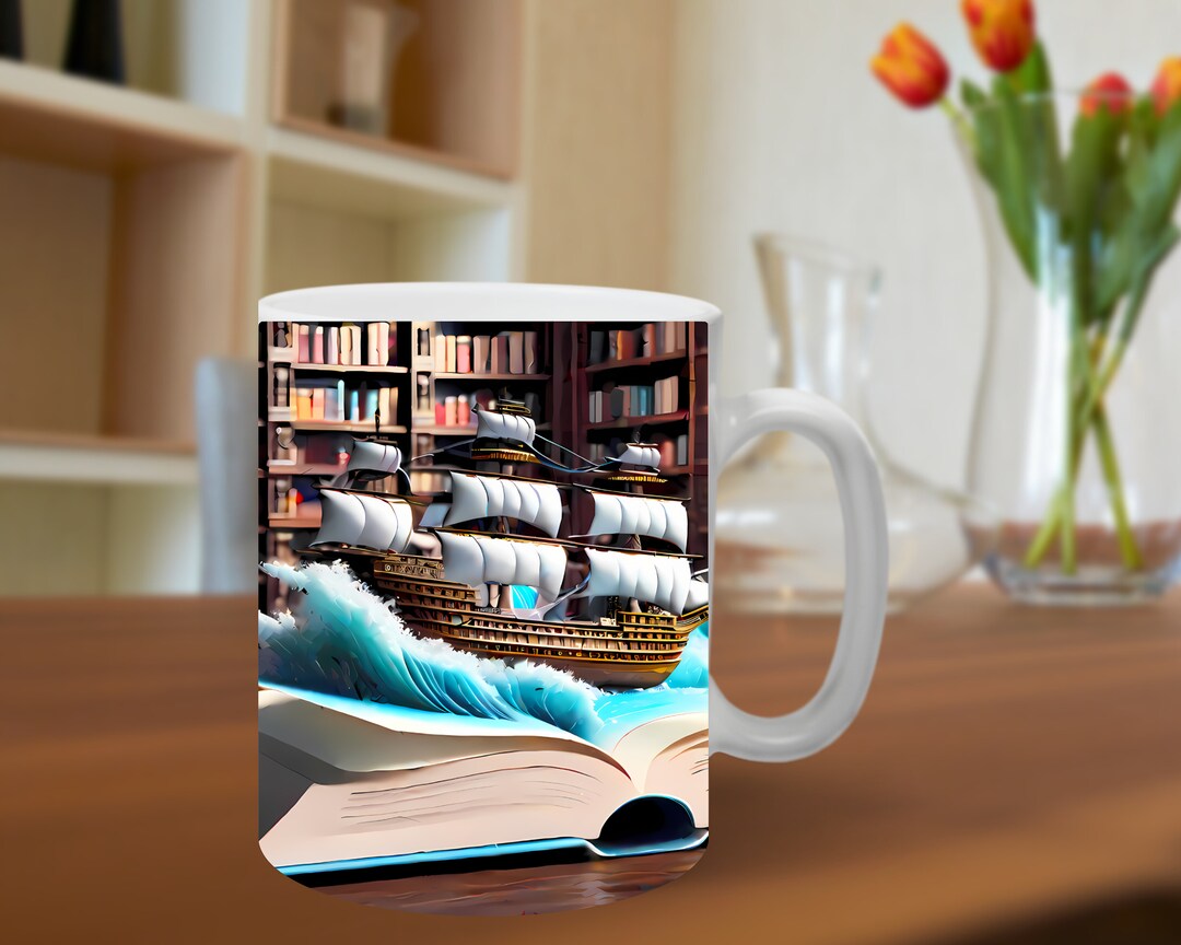 Bookcase Ship Battling Waves Inside a Book Design 11 Oz & 15 - Etsy