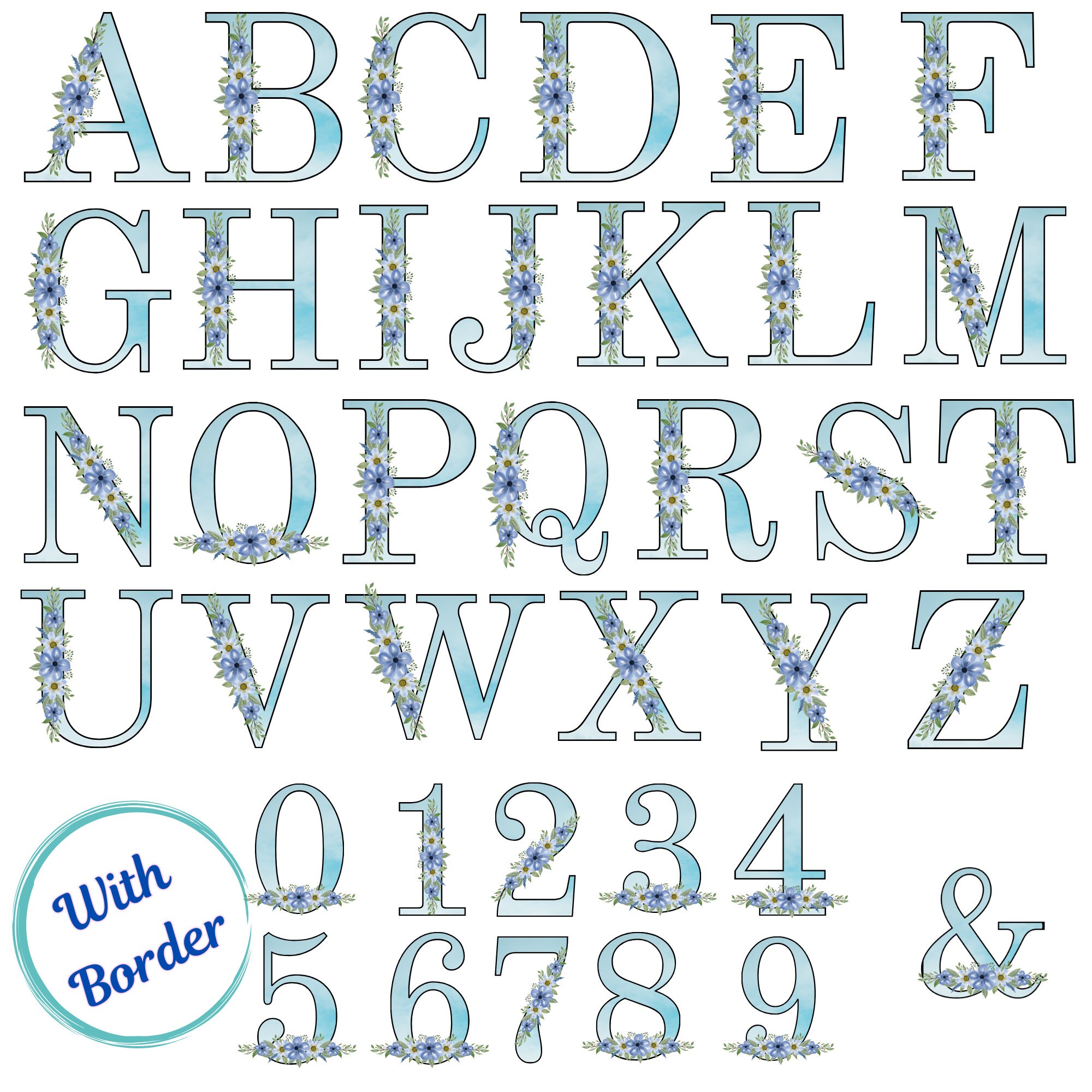 Floral Alphabet Watercolor Flowers Pink & Blue Alphabet PNG Flower ...