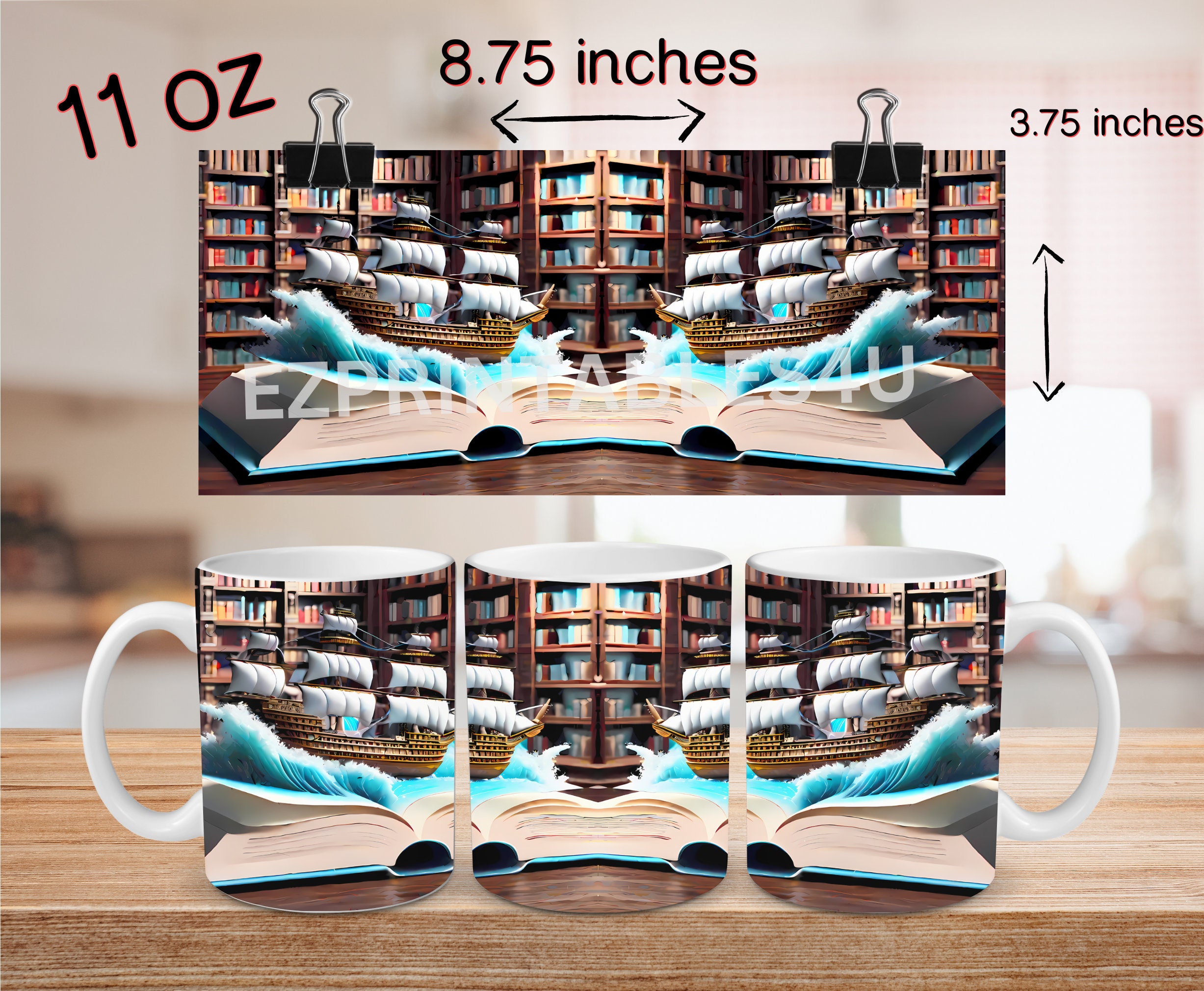 Bookcase Ship Battling Waves Inside a Book Design 11 Oz & 15 - Etsy