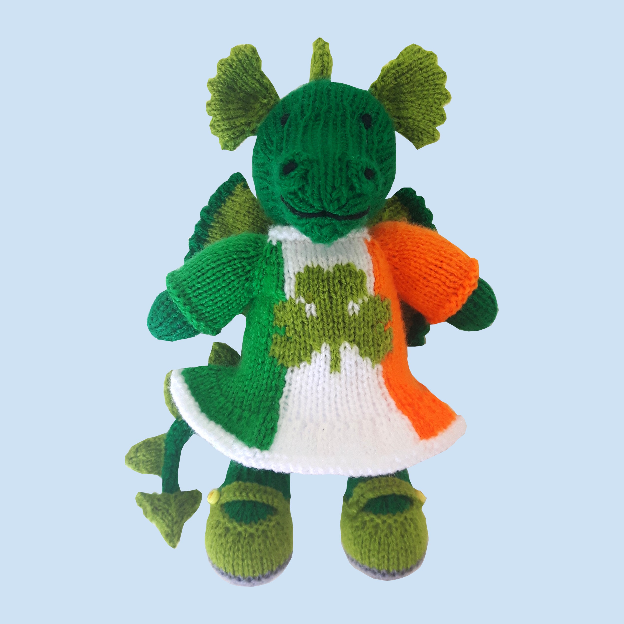 Toy Knitting Pattern for an Irish Dragon Girl Wearing an Irish Flag Top ...