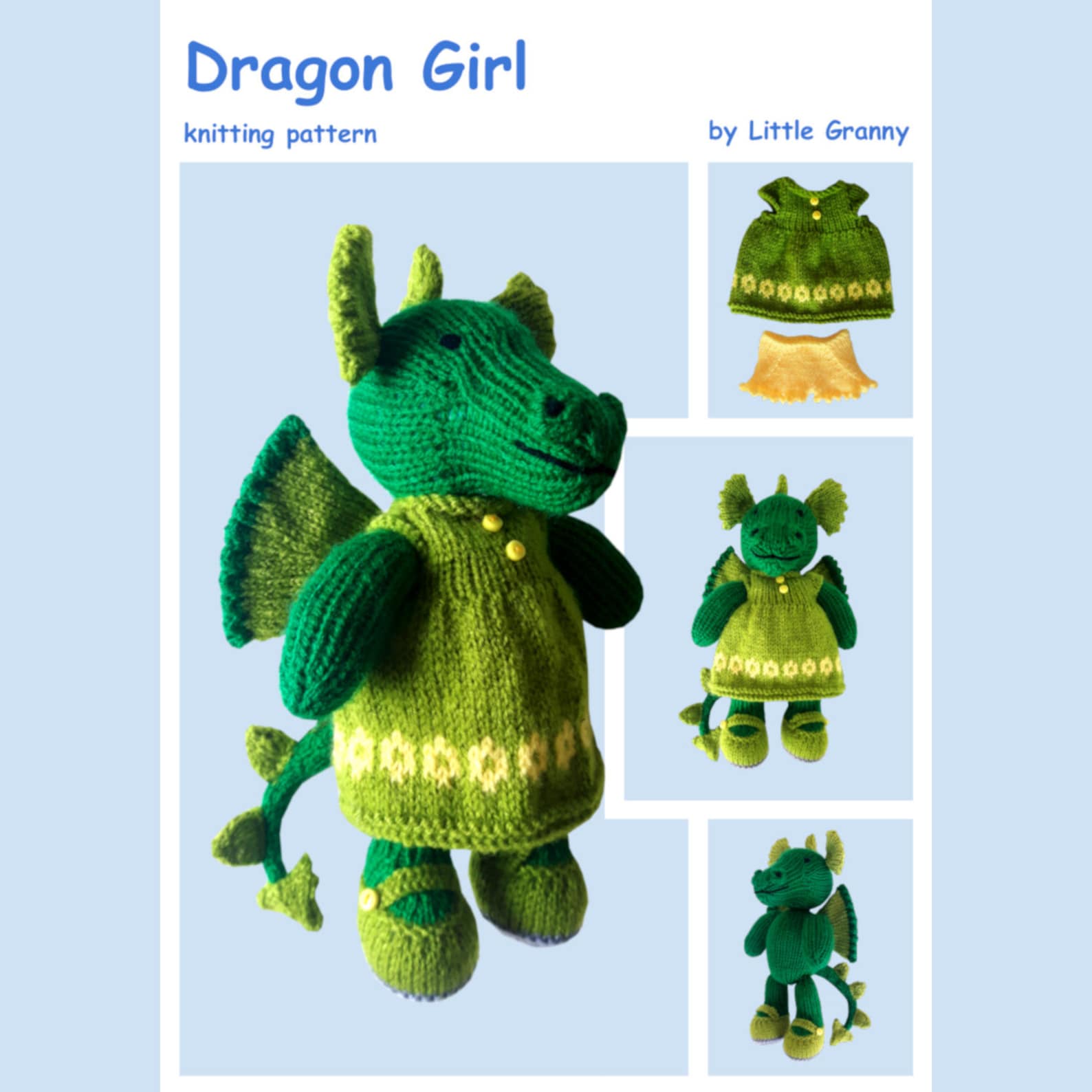 Toy Knitting Pattern for a Dragon Girl Wearing a Top Down Dress and ...