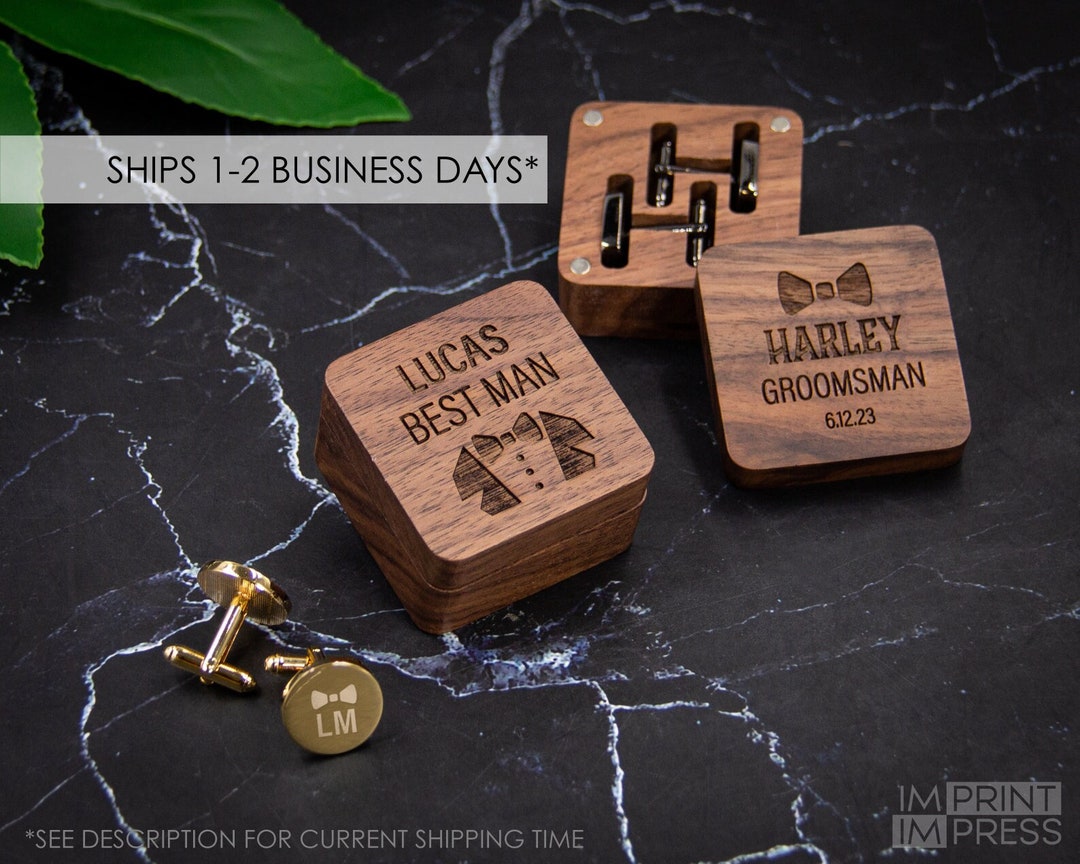 Custom Engraved Cufflinks With Wooden Box Personalized Groomsman Gift ...