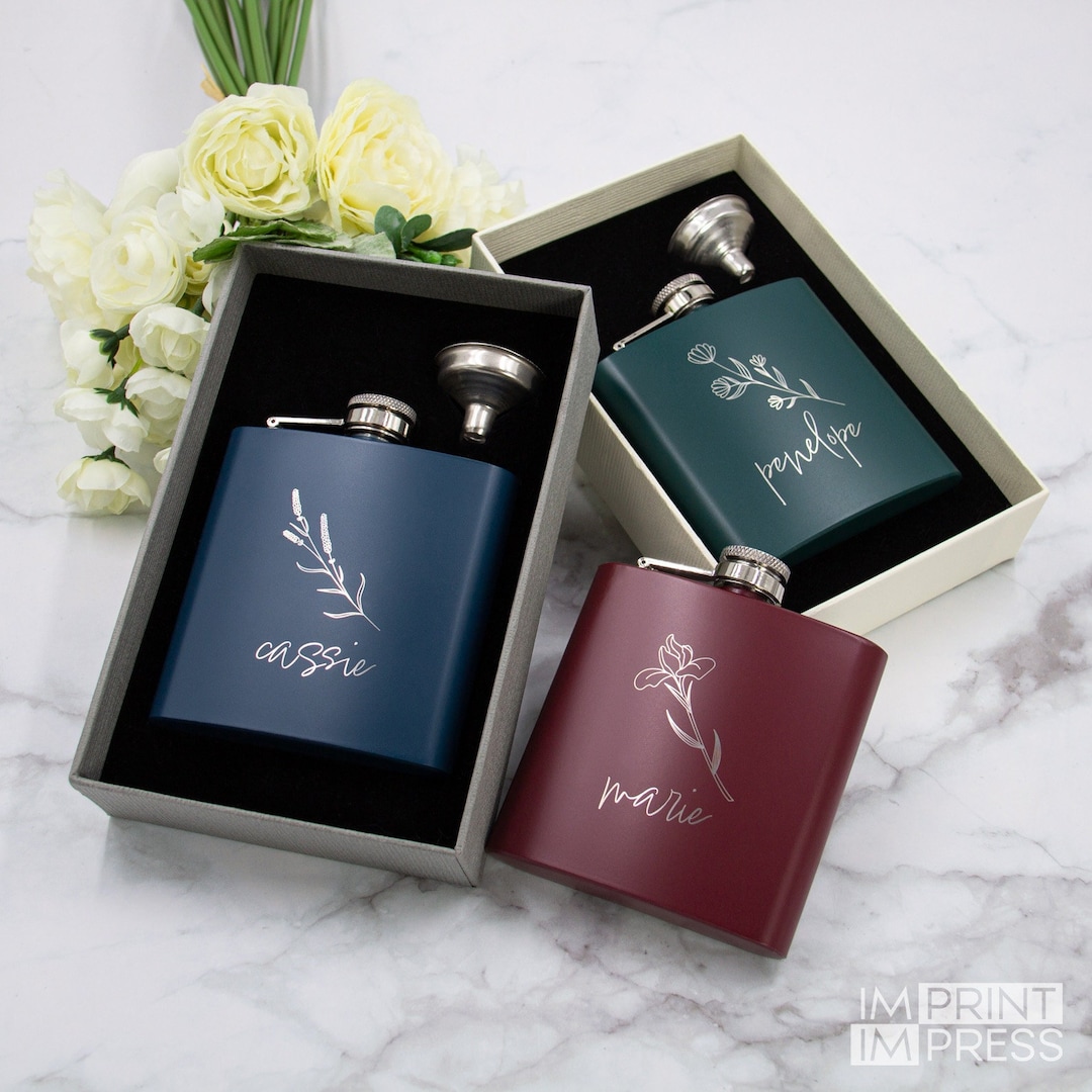 Custom Flower Flask | Floral Bridal Party Gift | Laser Engraved Flask ...