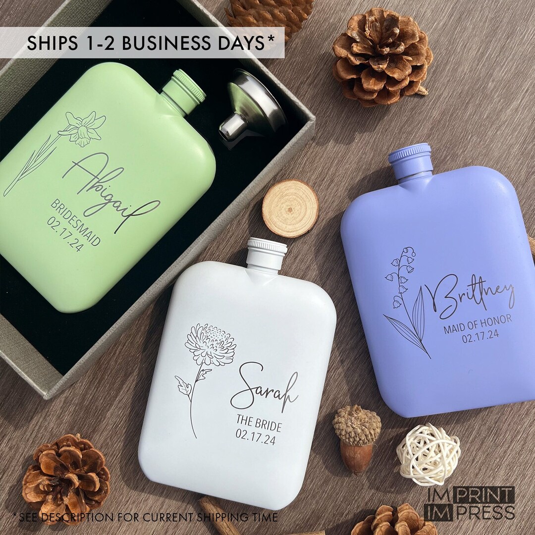 Custom Birth Month Flower Flask | Floral Bridal Party Gift | Birth ...