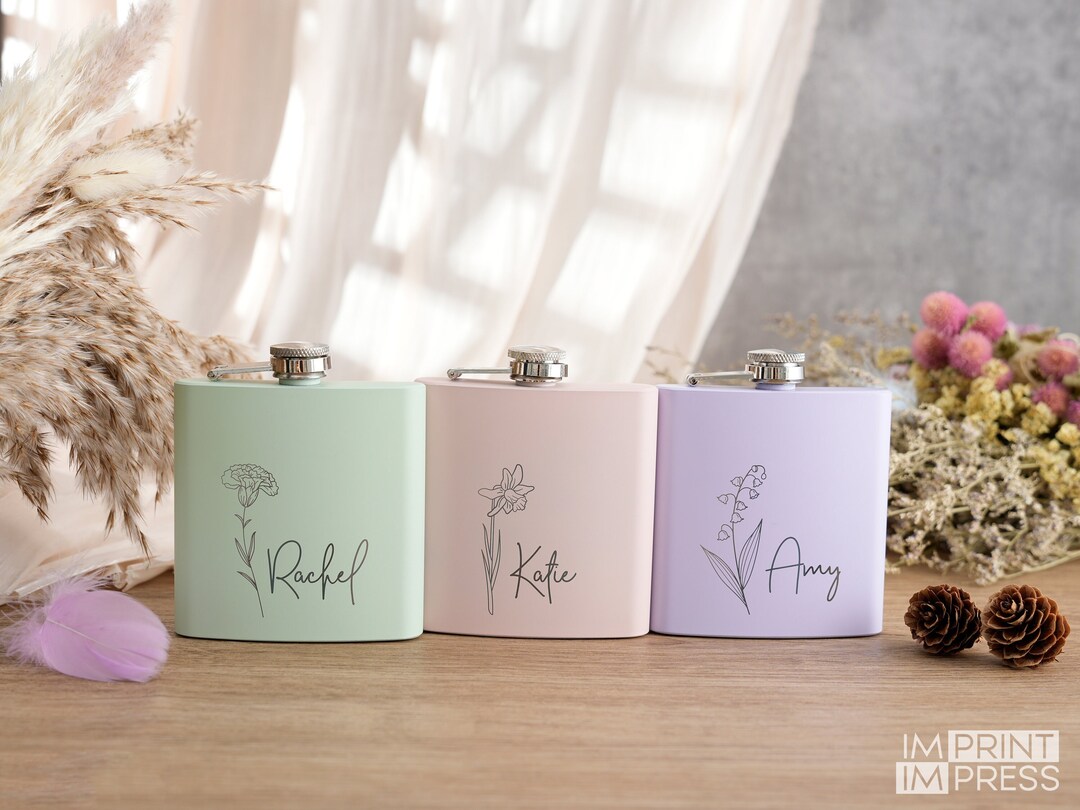 Custom Birth Month Flower Flask | Floral Bridal Party Gift | Birth ...