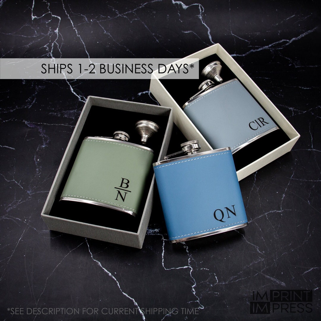 Laser Engraved Initials Flask | Faux Leather Flask | Engraved Mens ...