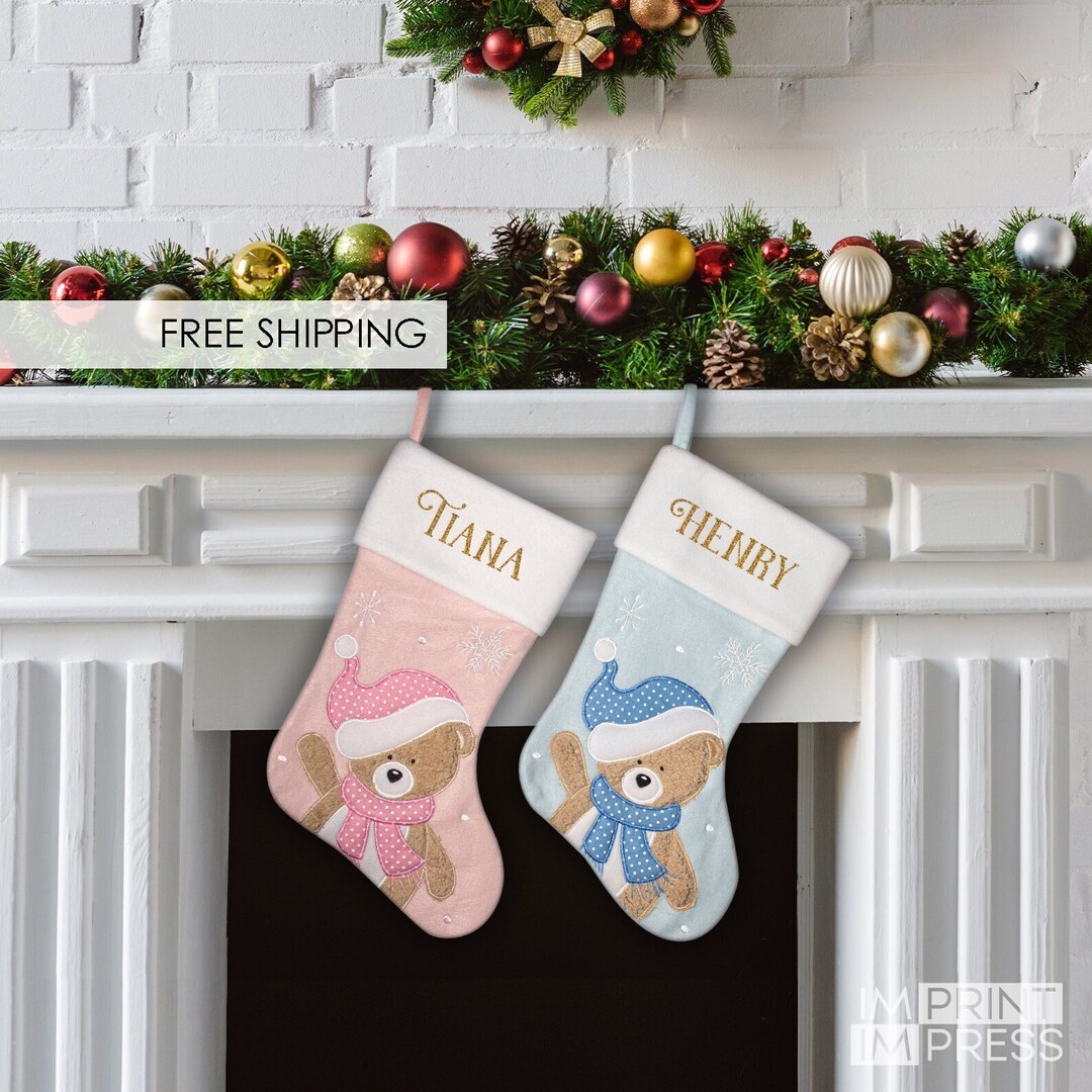 Personalized Teddy Bear Christmas Stocking | Custom Teddy Bear Waving ...
