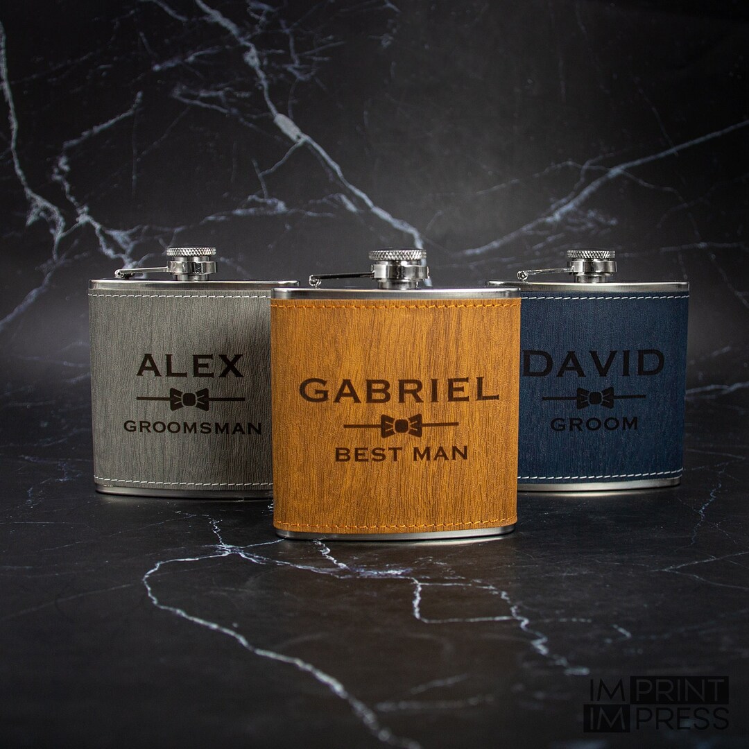 Vegan Leather Engraved Flask | Custom Groomsman Hip Flask | Grooms ...