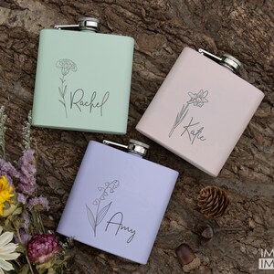 Custom Birth Month Flower Flask | Floral Bridal Party Gift | Birth ...