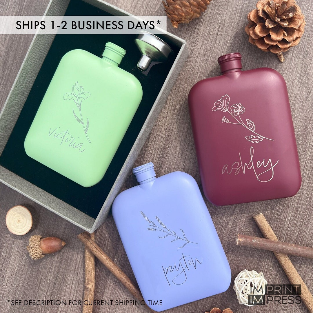 Custom Flower Flask | Floral Bridal Party Gift | Laser Engraved Flask ...