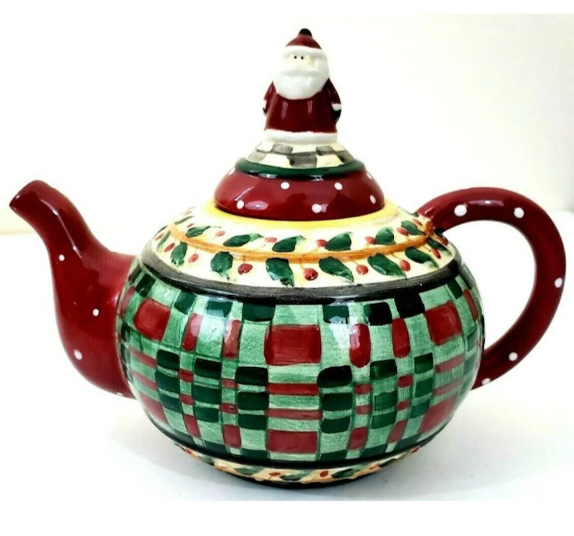 SAKURA DEBBIE MUMM Mini Teapot Collector Series Holly & Plaid Santa ...