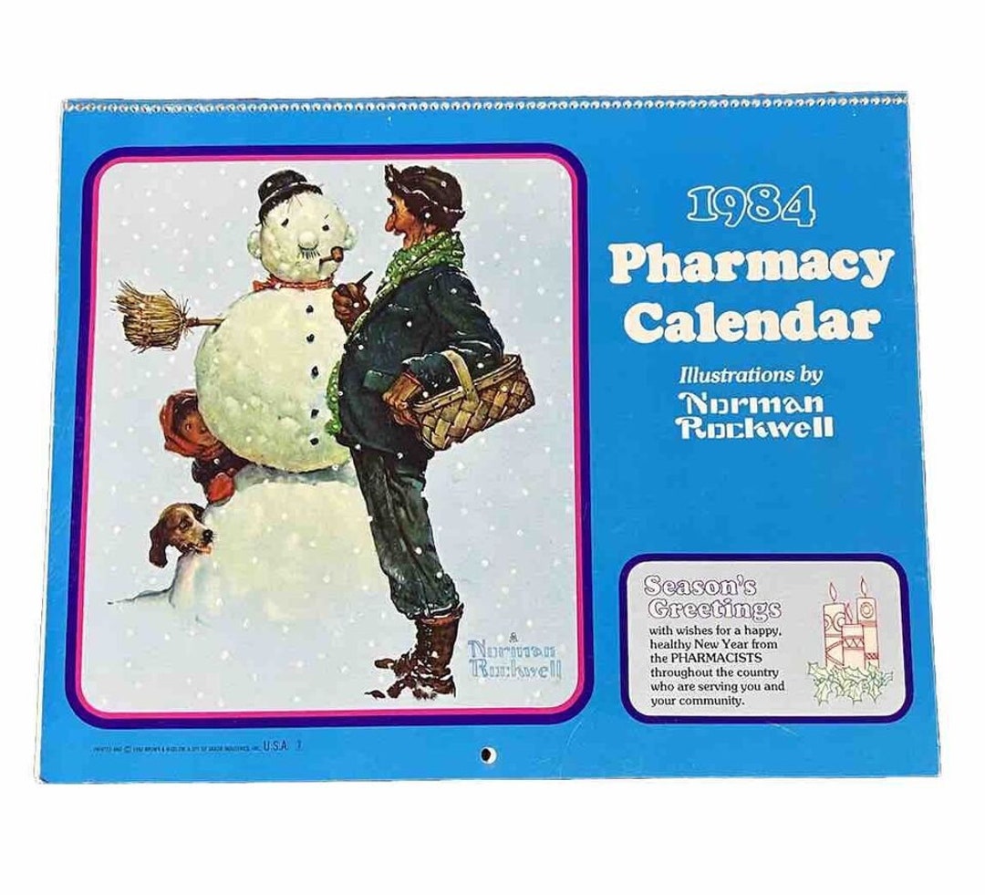 1984 PHARMACY WALL CALENDAR Unused With Norman Rockwell Art Jan-oct ...