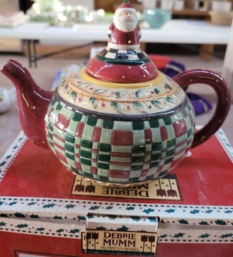 SAKURA DEBBIE MUMM Mini Teapot Collector Series Holly & Plaid Santa ...