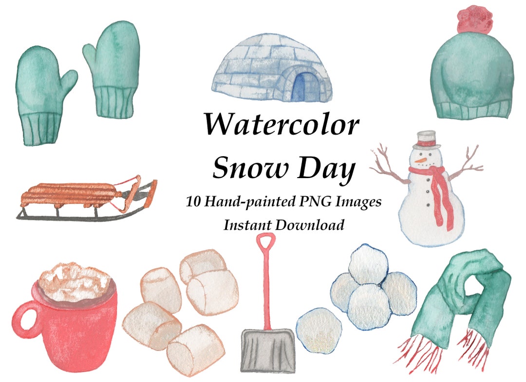 Watercolor Snow Day-igloo-snowman-sled-hot Chocolate-hat-scarf-mitten ...