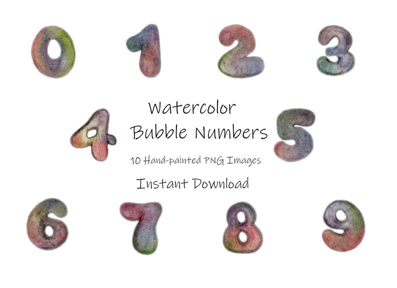 Watercolor Bubble Number-handpainted Watercolor Numbers 0 Thru 9 ...