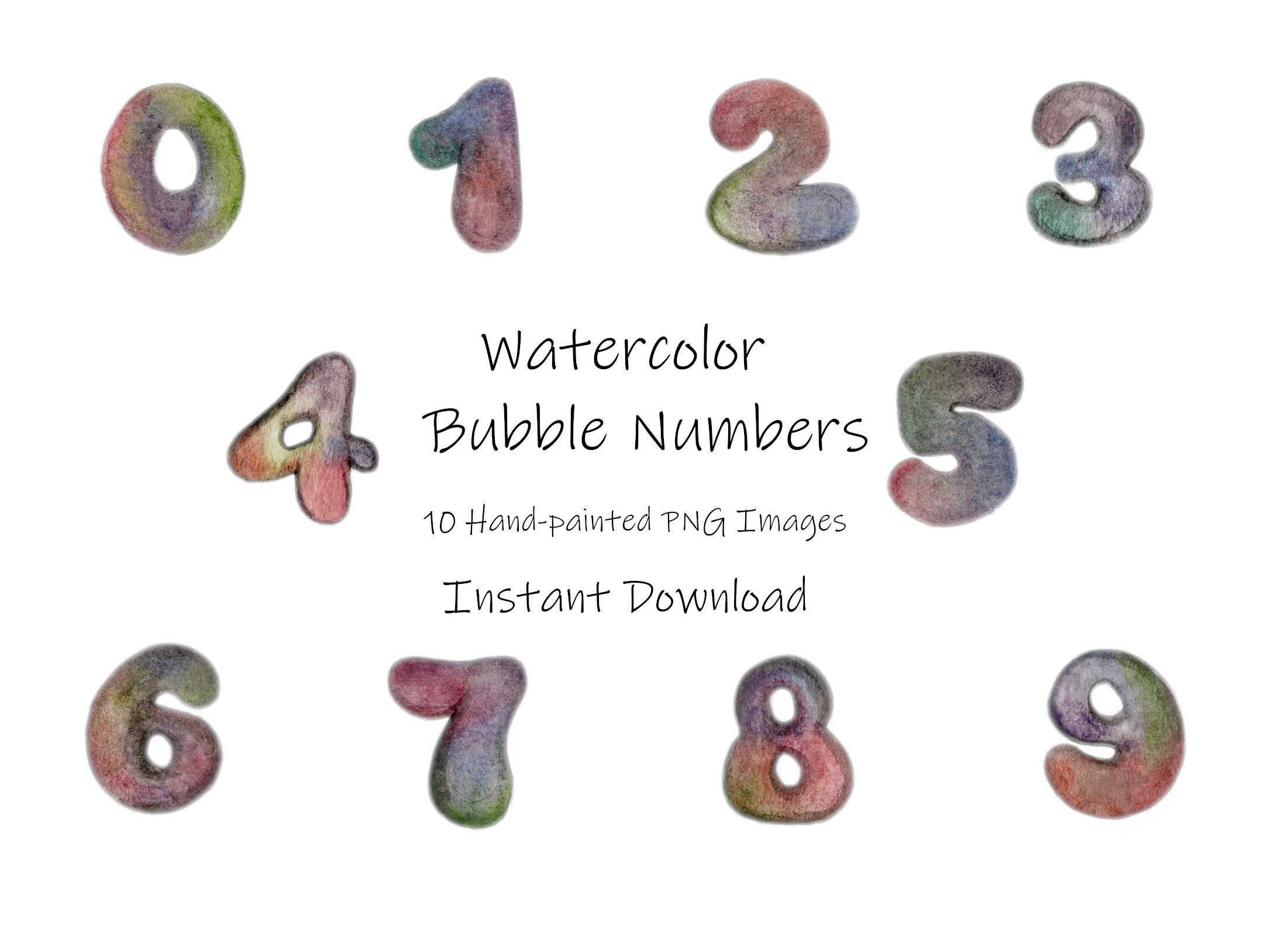 Watercolor Bubble Number-handpainted Watercolor Numbers 0 Thru 9 ...