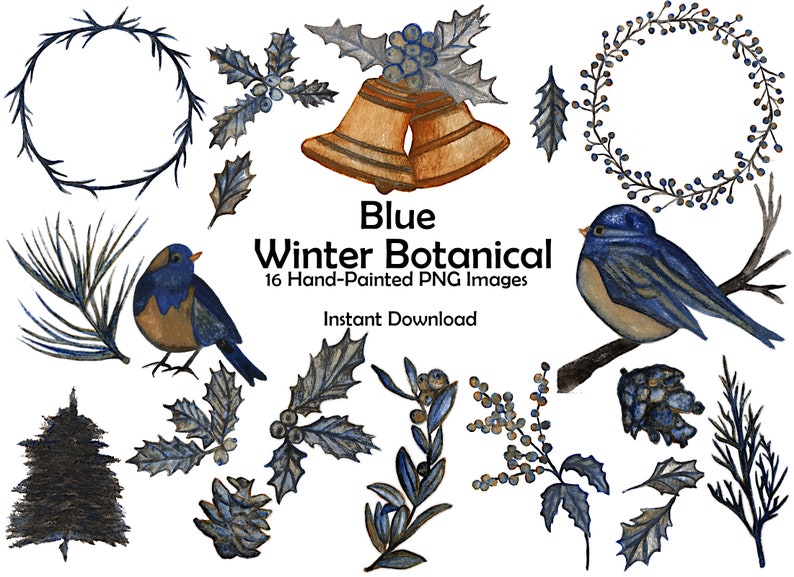 Blue Winter Botanical Clipart-christmas Clipart-wintertime Blue-blue ...