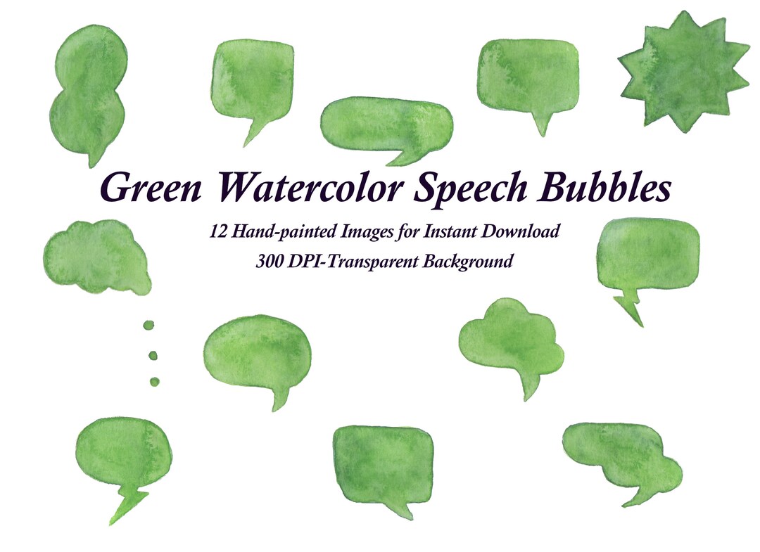 Green Watercolor Speech Bubbles-12 Watercolor Images for Instant ...