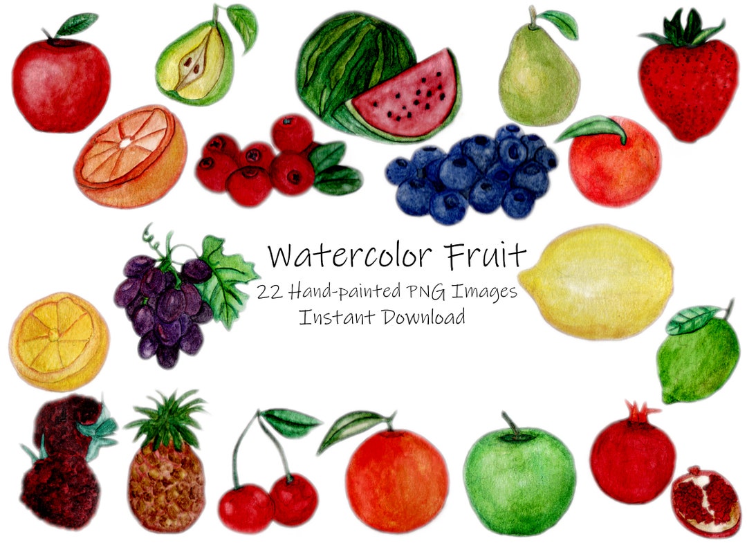 Watercolor Fruit Clipart-watermelon-banana-apples-strawberry-berries ...