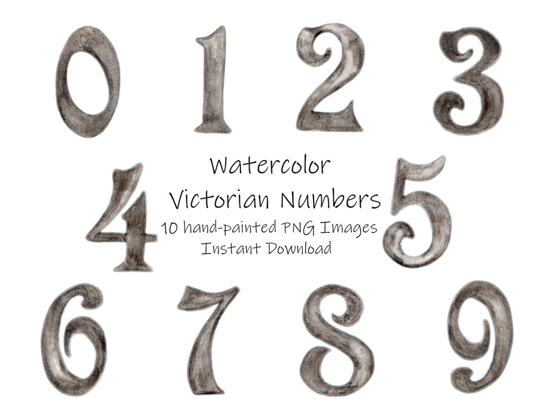 Watercolor Victorian Number-gray Numbers-0 Thru 9-watercolor Numbers ...