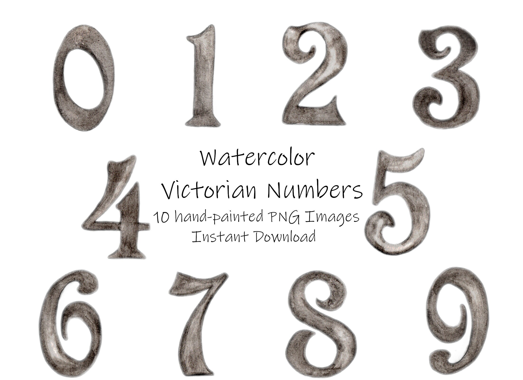 Watercolor Victorian Number-gray Numbers-0 Thru 9-watercolor Numbers ...