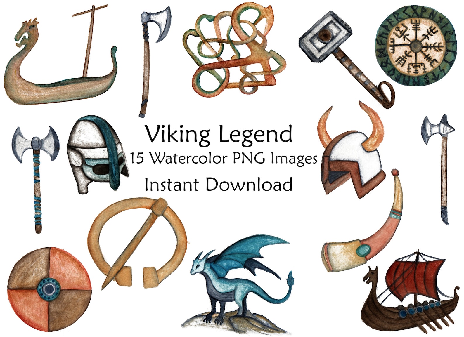 Watercolor Viking Clipart PNG Images-runes-thor Hammer-longboat-dragon ...