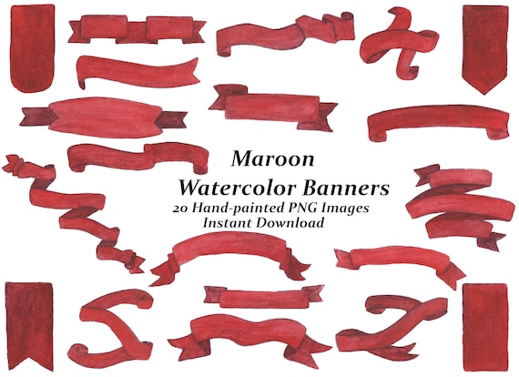 Maroon Banner Clipart-watercolor | Etsy