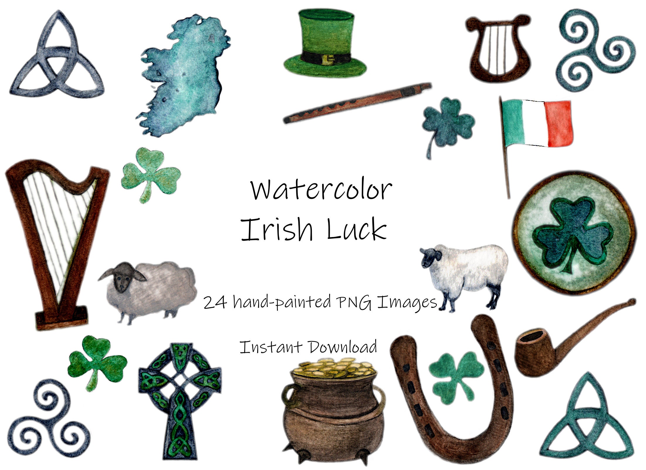 St Patrick's Day Watercolor Clipart-irish Luck-shamrocks-harp-ireland ...