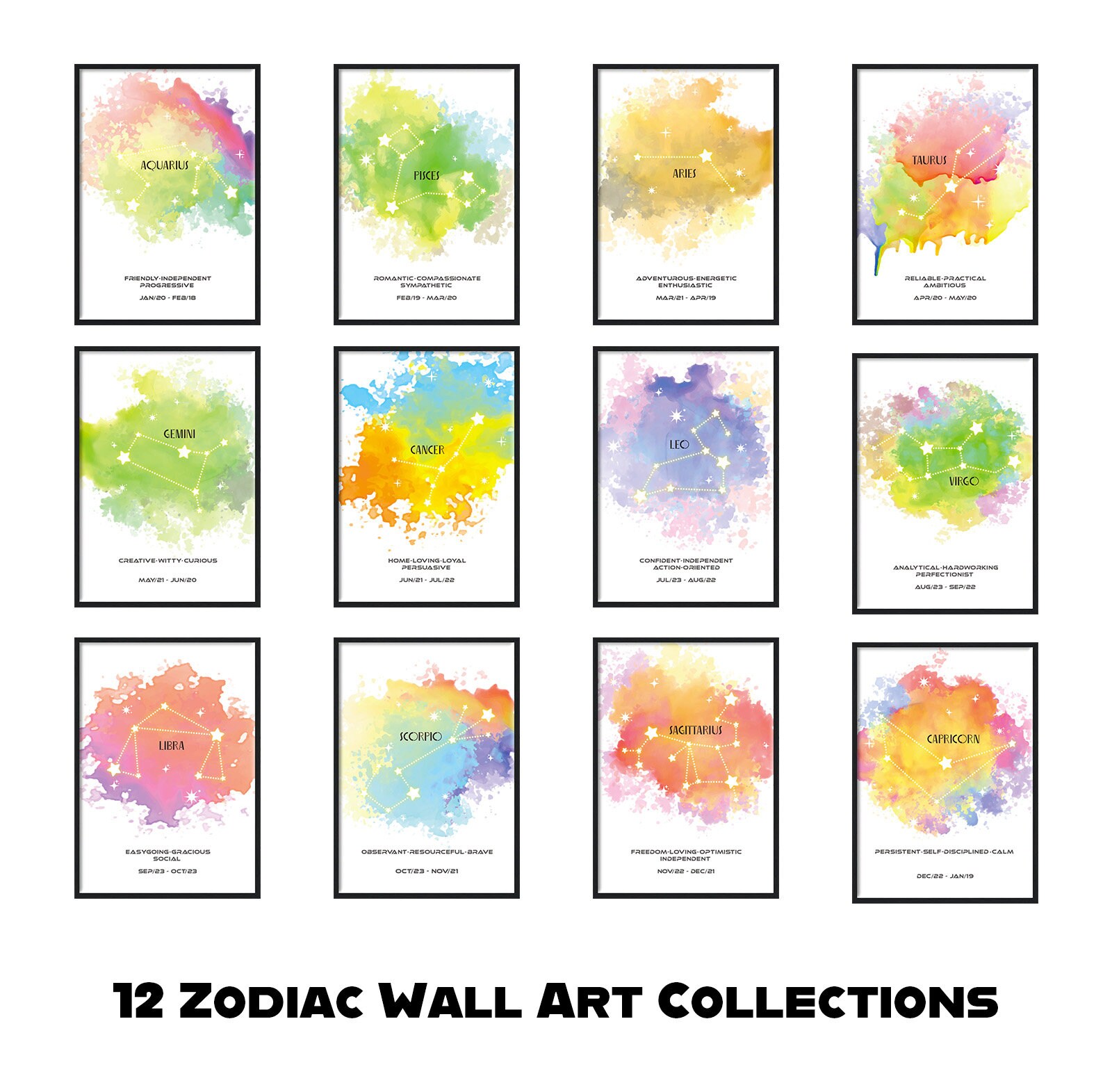 12 Zodiac Collections, Wall Arts, Digital Download, Celestial Prints ...