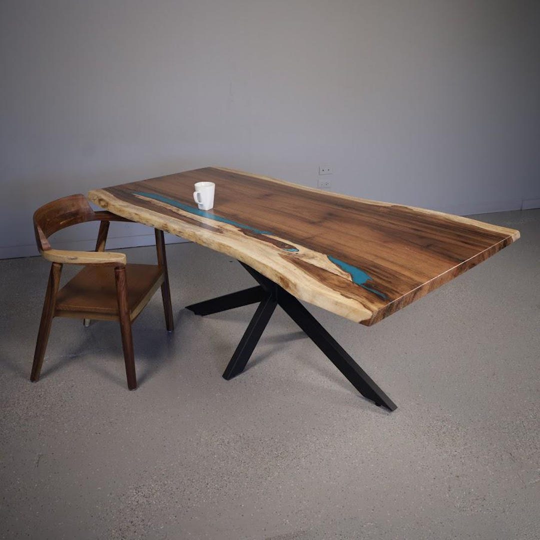 Live Edge Parota Table - Solid Wood Slab With Turquoise Epoxy - Dining ...
