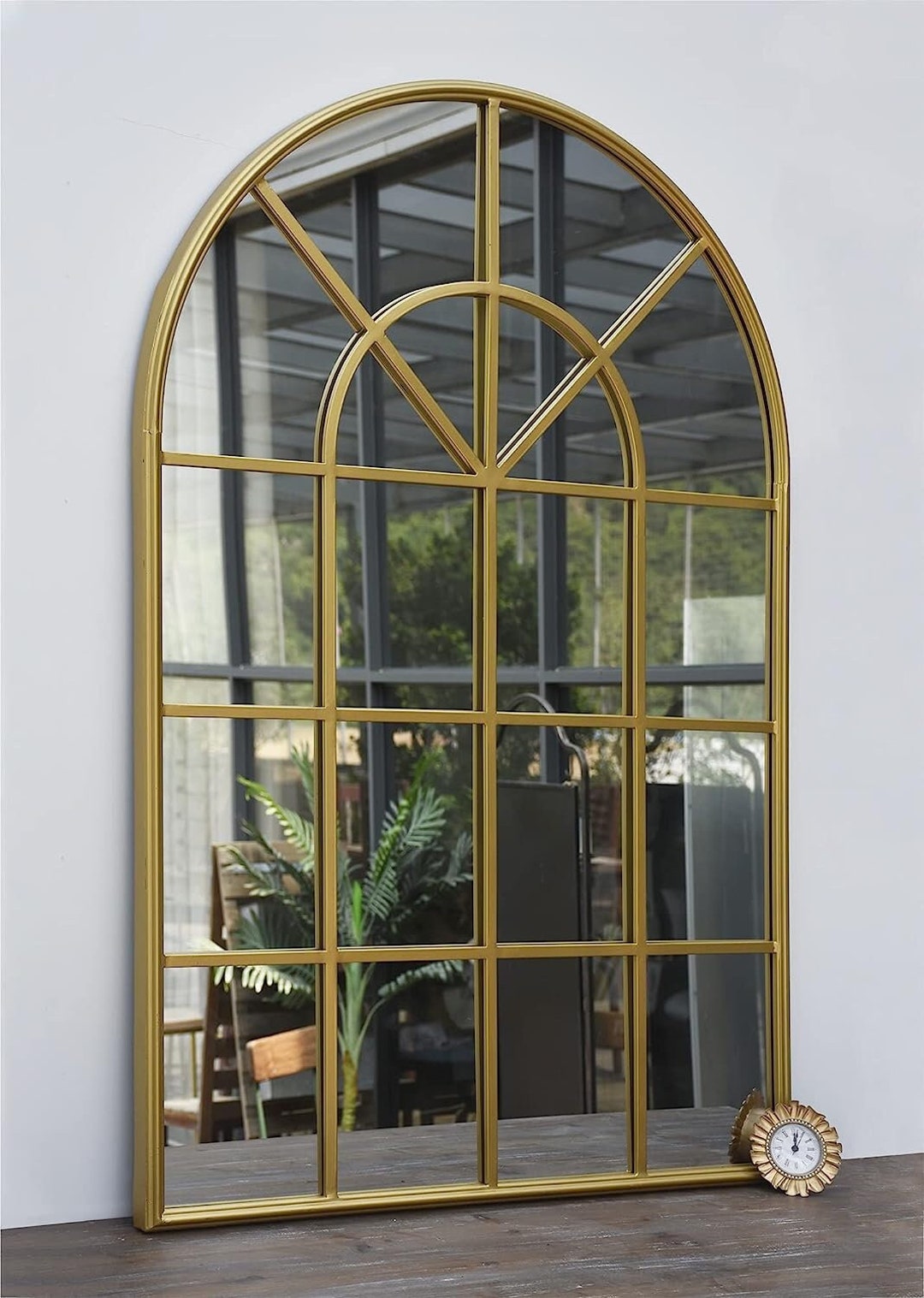 Arched Metal Framed Wall Mirror, Farmhouse Windowpane Oversized Mirror ...