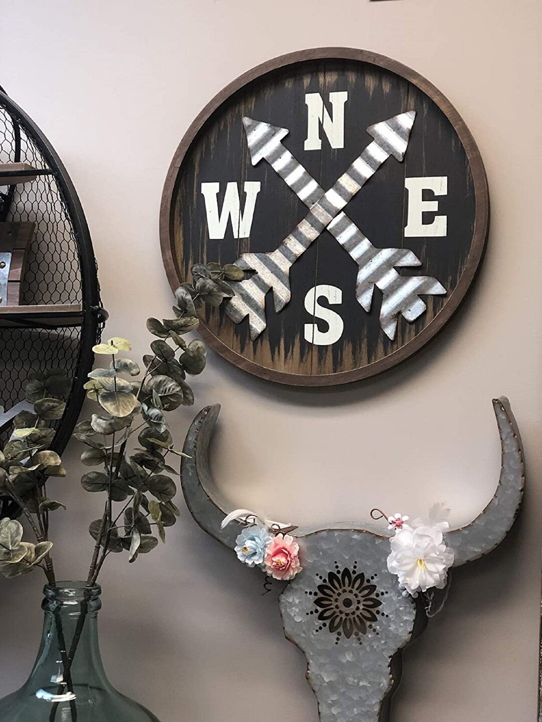 Distressed Wood Compass Wall Signs,wooden Round Compassn,s,e,w Wall ...