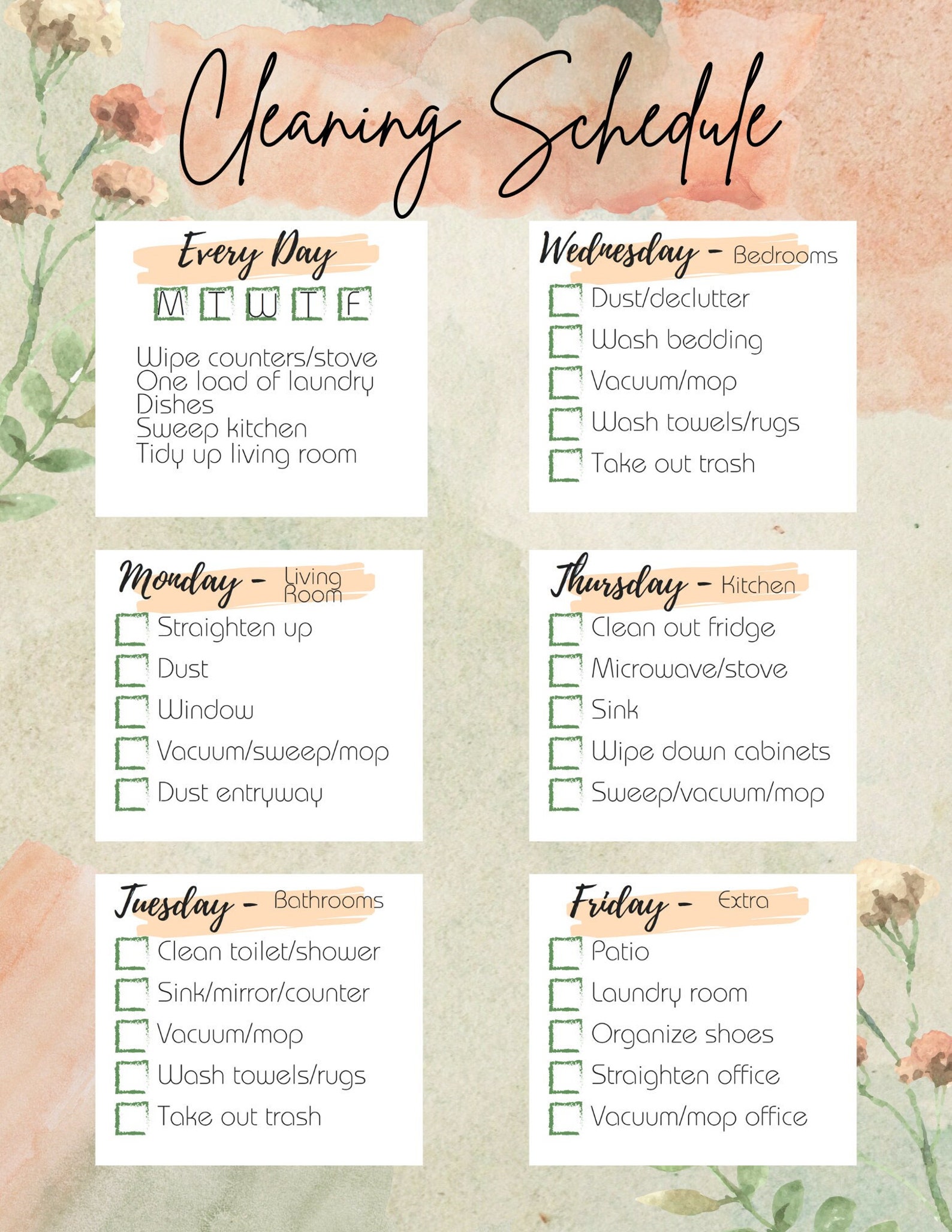 Cleaning Schedule, Daily, Weekly, House Cleaning, Checklist, Download ...