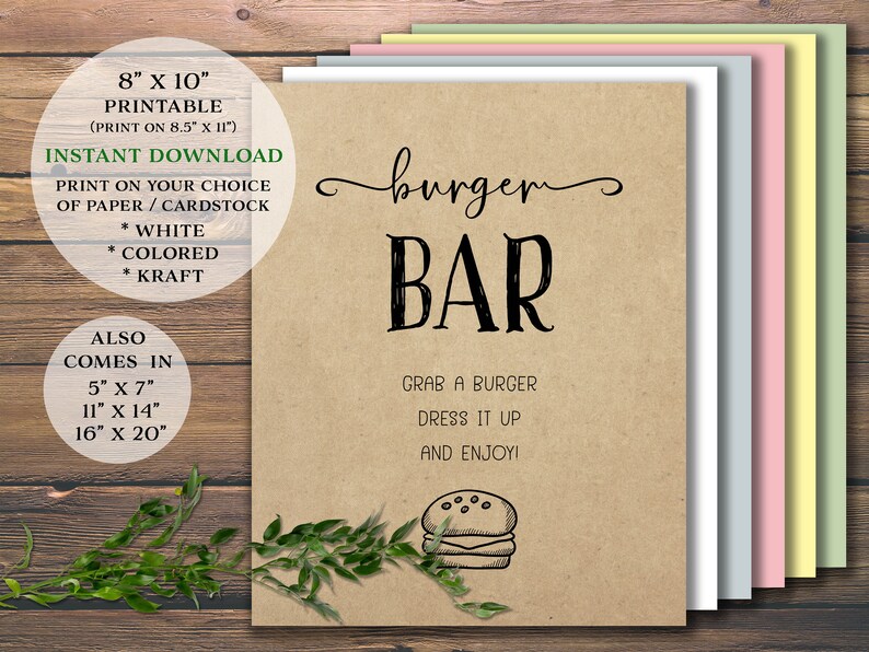 Burger Bar Sign. Instant Download Printable. Hamburger Table. - Etsy