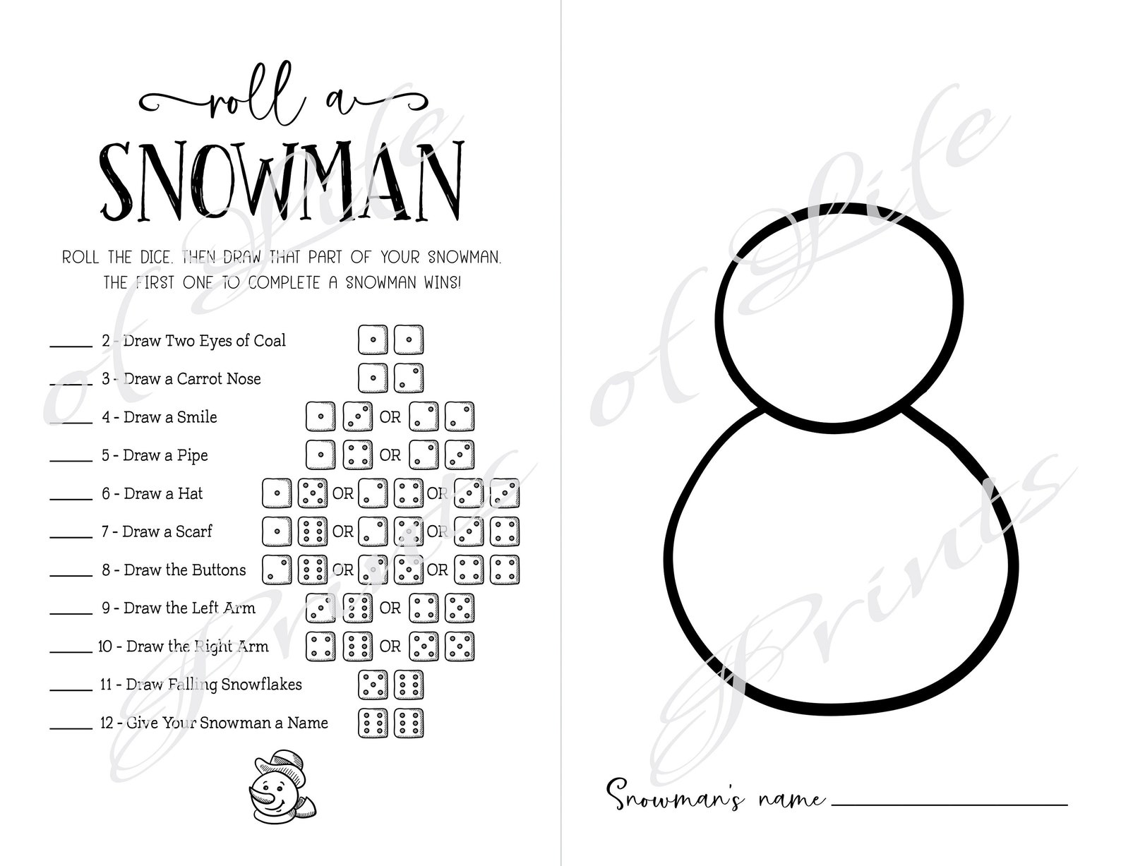 Roll a Snowman Dice Game. Instant Download Printable. | Etsy