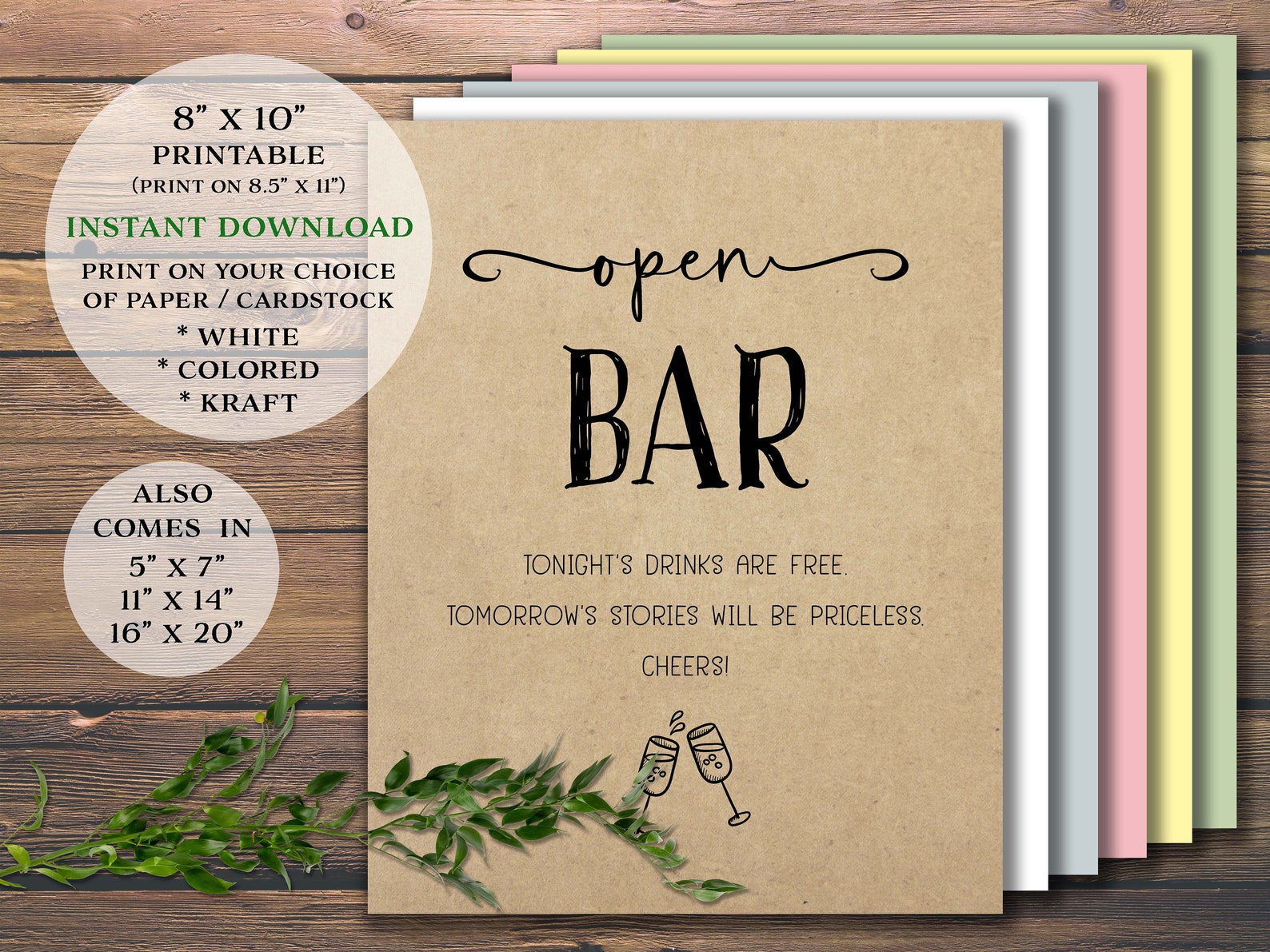 Open Bar Sign. Instant Download Printable. Rustic Wedding - Etsy