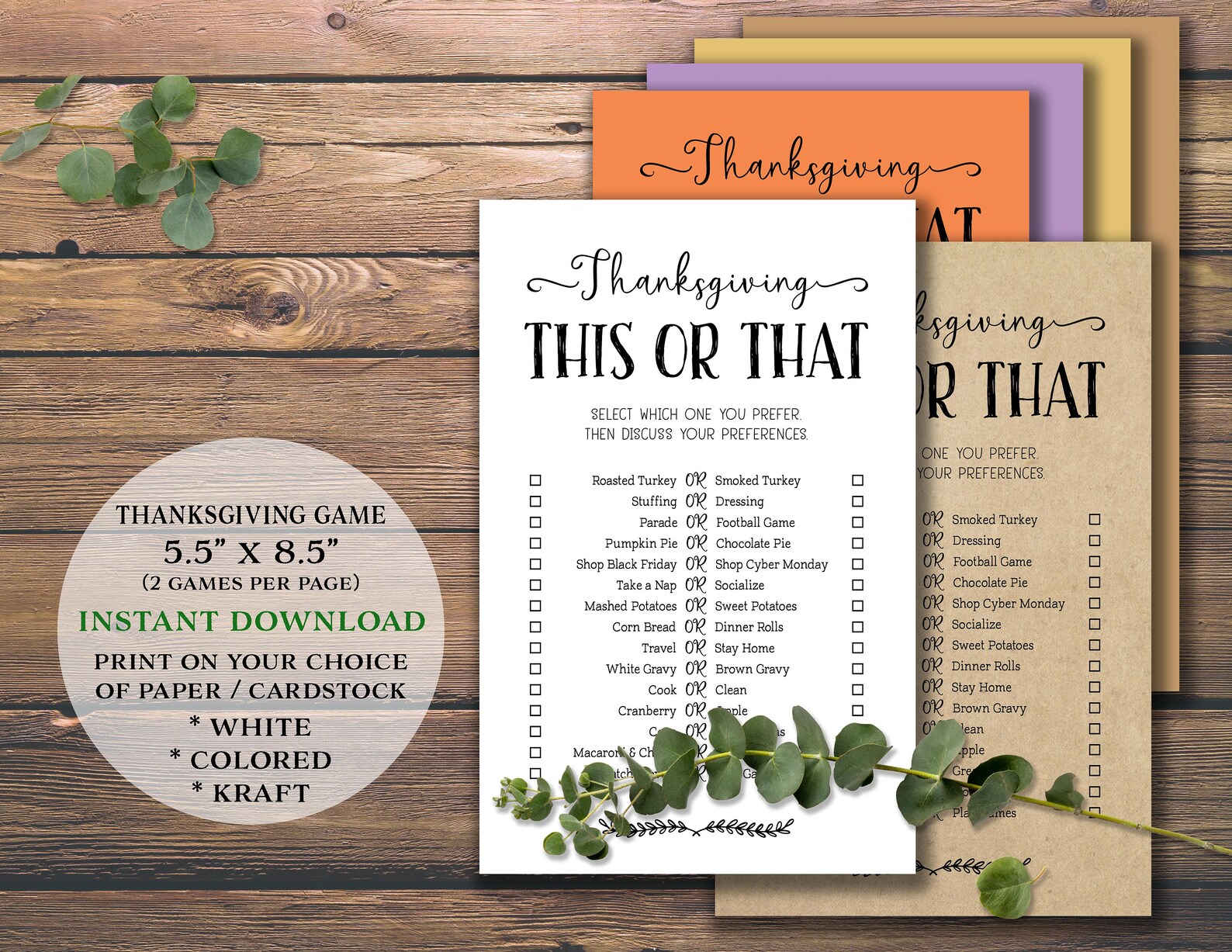This or That. Instant Download Printable. Thanksgiving Game. | Etsy