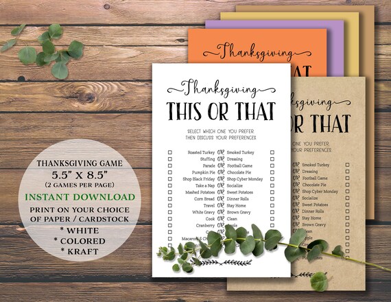 This or That. Instant Download Printable. Thanksgiving Game. | Etsy