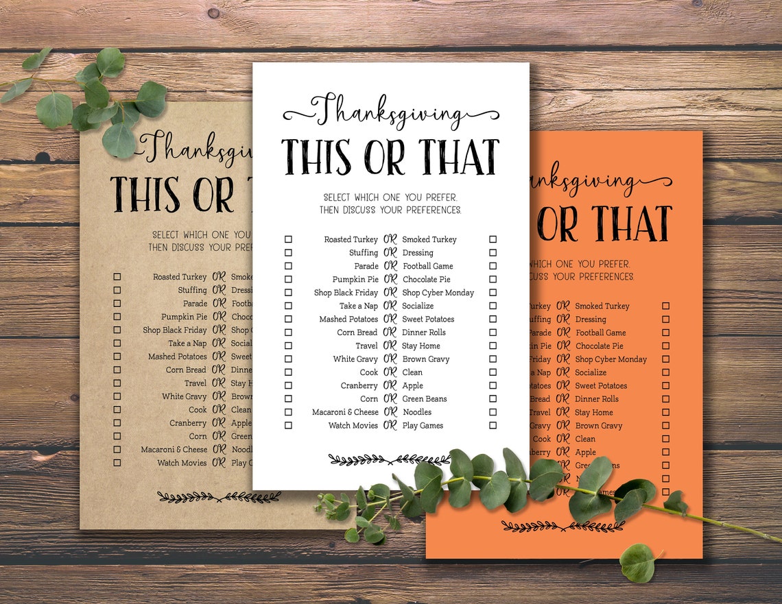 This or That. Instant Download Printable. Thanksgiving Game. | Etsy