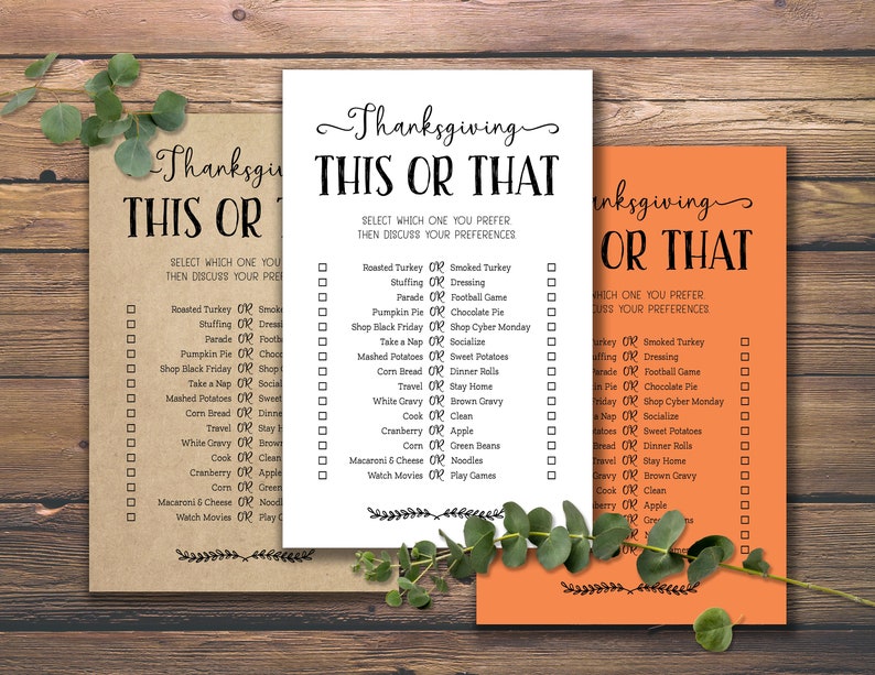 This or That. Instant Download Printable. Thanksgiving Game. | Etsy